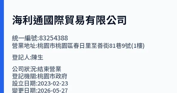 海利通國際貿易有限公司的照片-統編 83254388(桃園市) 公司登記資料與營業項目詳細圖表