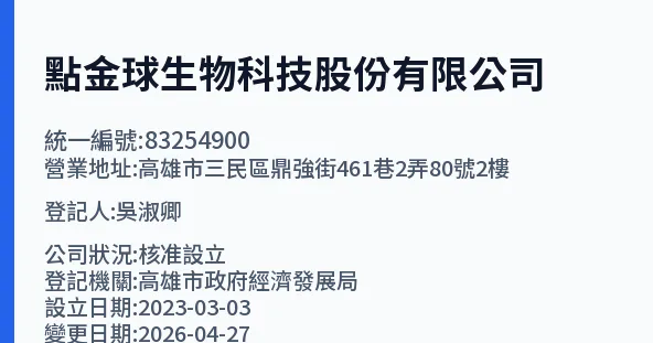 點金球生物科技股份有限公司的照片-統編 83254900(高雄市) 公司登記資料與營業項目詳細圖表