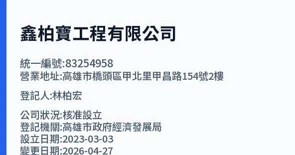鑫柏寶工程有限公司的照片-統編 83254958(高雄市) 公司登記資料與營業項目詳細圖表