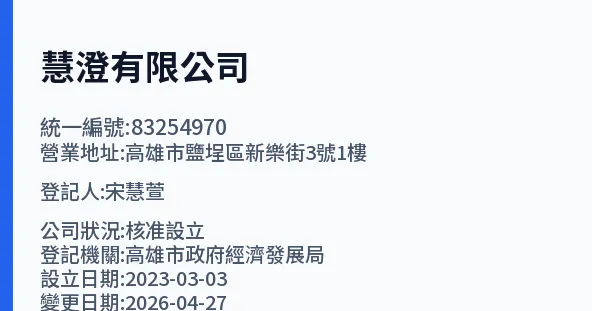 慧澄有限公司的照片-統編 83254970(高雄市) 公司登記資料與營業項目詳細圖表