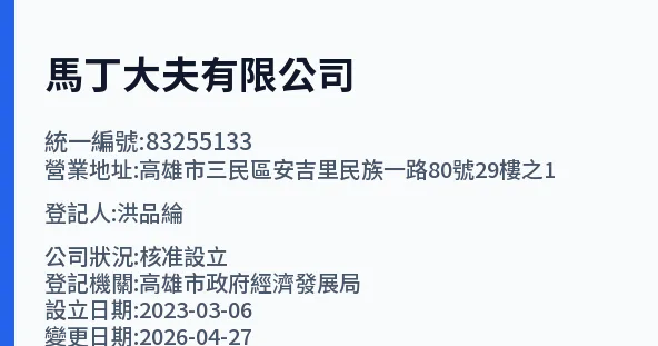 馬丁大夫有限公司的照片-統編 83255133(高雄市) 公司登記資料與營業項目詳細圖表