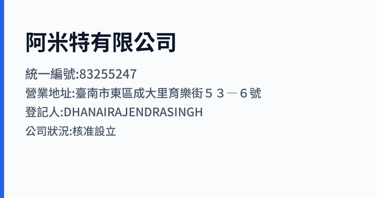 阿米特有限公司 - 統編 83255247(臺南市) 公司登記資料與營業項目詳細圖表