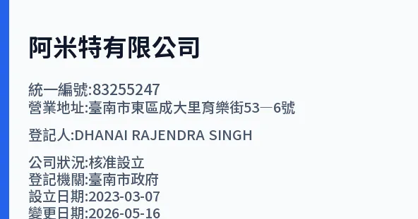 阿米特有限公司的照片-統編 83255247(臺南市) 公司登記資料與營業項目詳細圖表
