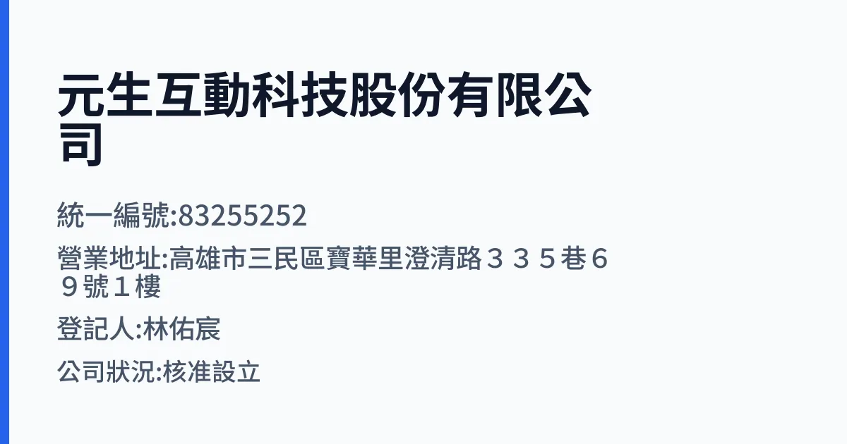 元生互動科技股份有限公司 - 統編 83255252(高雄市) 公司登記資料與營業項目詳細圖表