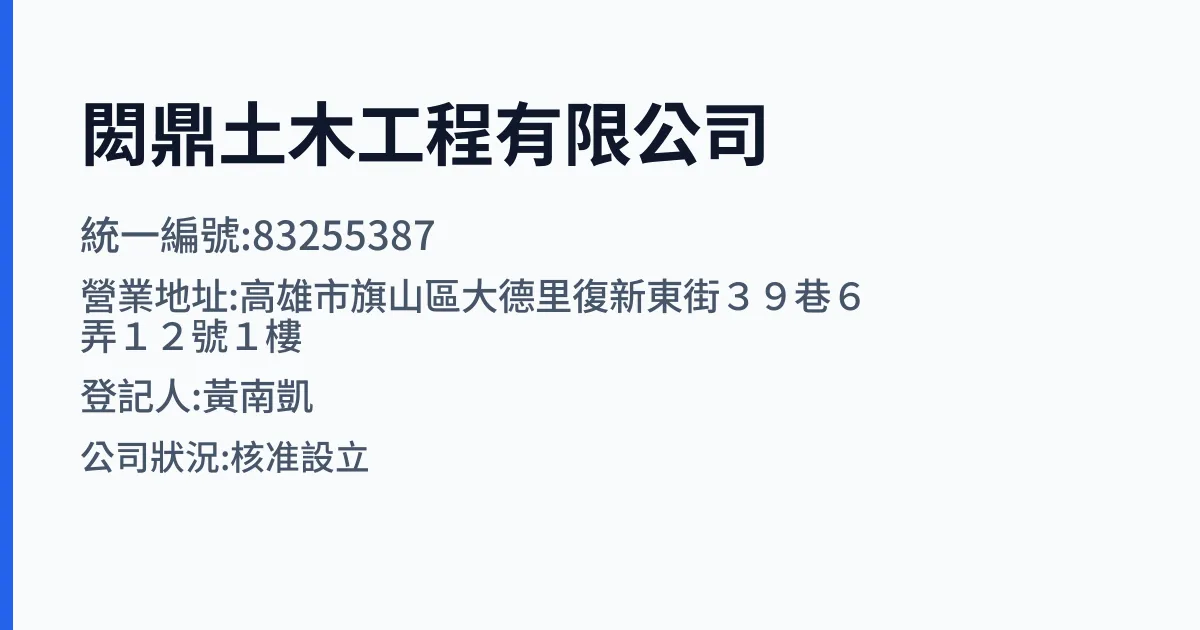 閎鼎土木工程有限公司 - 統編 83255387(高雄市) 公司登記資料與營業項目詳細圖表