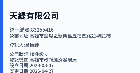 天緹有限公司的照片-統編 83255416(高雄市) 公司登記資料與營業項目詳細圖表