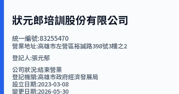 狀元郎培訓股份有限公司的照片-統編 83255470(高雄市) 公司登記資料與營業項目詳細圖表