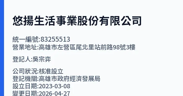 悠揚生活事業股份有限公司的照片-統編 83255513(高雄市) 公司登記資料與營業項目詳細圖表