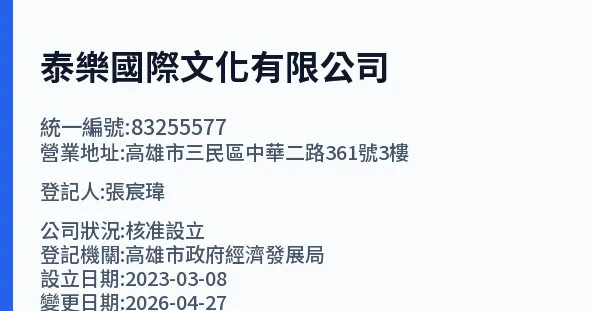 泰樂國際文化有限公司的照片-統編 83255577(高雄市) 公司登記資料與營業項目詳細圖表