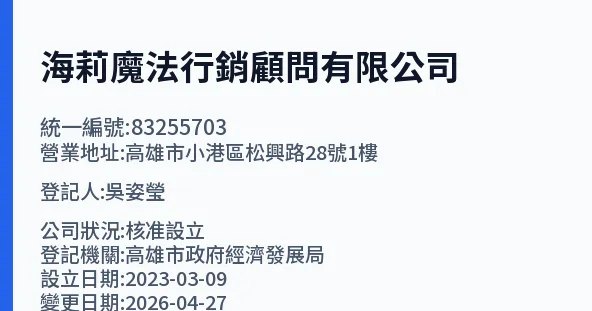 海莉魔法行銷顧問有限公司的照片-統編 83255703(高雄市) 公司登記資料與營業項目詳細圖表