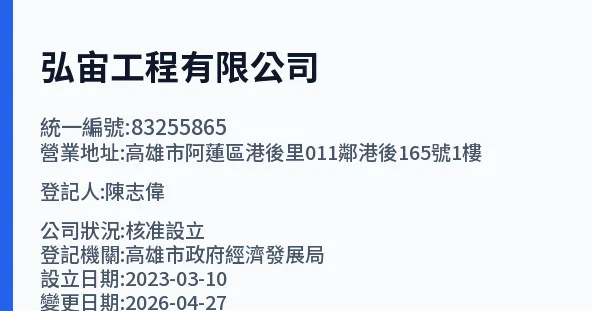 弘宙工程有限公司的照片-統編 83255865(高雄市) 公司登記資料與營業項目詳細圖表