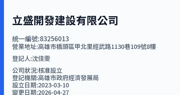 立盛開發建設有限公司的照片-統編 83256013(高雄市) 公司登記資料與營業項目詳細圖表