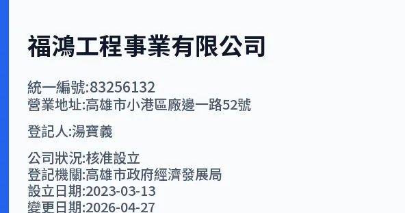 福鴻工程事業有限公司的照片-統編 83256132(高雄市) 公司登記資料與營業項目詳細圖表