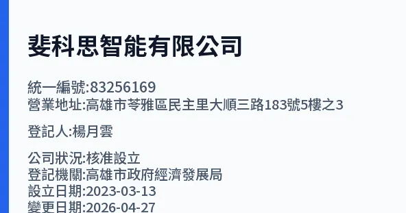 斐科思智能有限公司的照片-統編 83256169(高雄市) 公司登記資料與營業項目詳細圖表