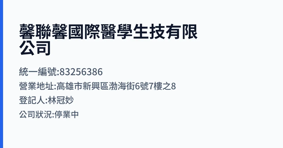 馨聯馨國際醫學生技有限公司 - 統編 83256386(高雄市) 公司登記資料與營業項目詳細圖表