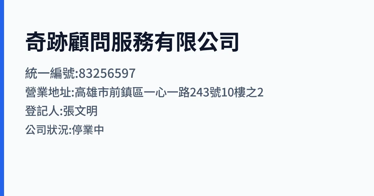 奇跡顧問服務有限公司 - 統編 83256597(高雄市) 公司登記資料與營業項目詳細圖表