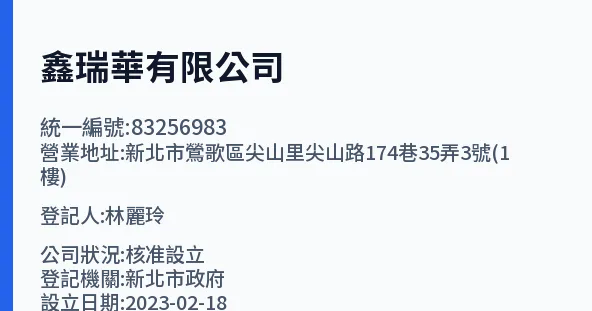 鑫瑞華有限公司的照片-統編 83256983(新北市) 公司登記資料與營業項目詳細圖表