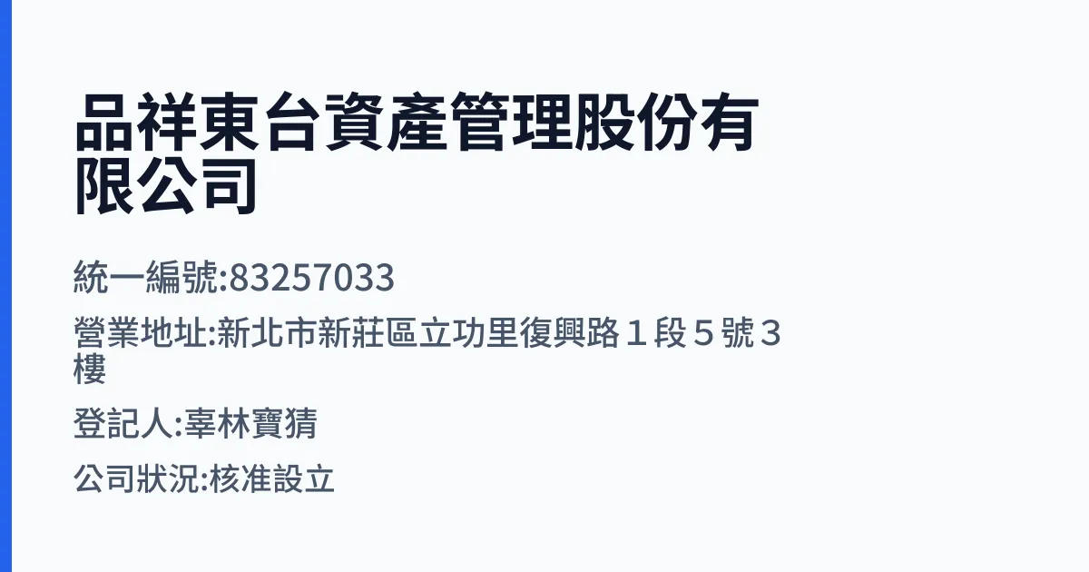 品祥東台資產管理股份有限公司 - 統編 83257033(新北市) 公司登記資料與營業項目詳細圖表