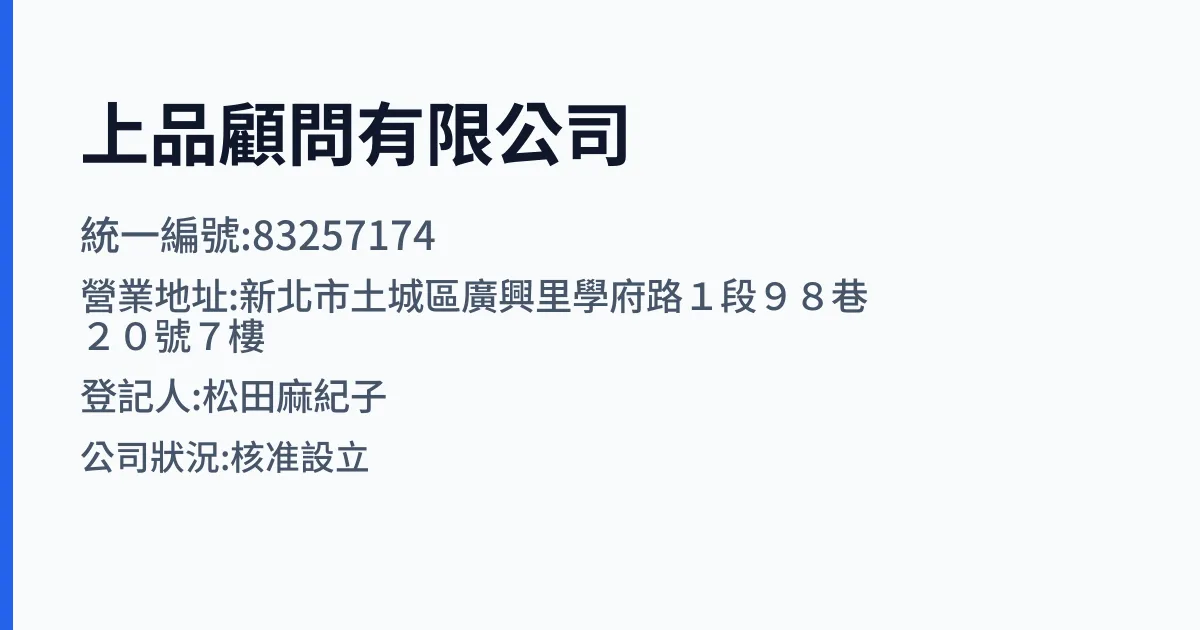 上品顧問有限公司 - 統編 83257174(新北市) 公司登記資料與營業項目詳細圖表