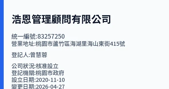 浩恩管理顧問有限公司的照片-統編 83257250(桃園市) 公司登記資料與營業項目詳細圖表