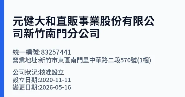 元健大和直販事業股份有限公司新竹南門分公司的照片-統編 83257441(新竹市) 公司登記資料與營業項目詳細圖表
