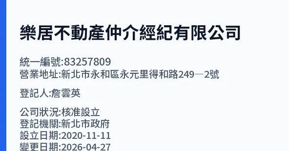樂居不動產仲介經紀有限公司的照片-統編 83257809(新北市) 公司登記資料與營業項目詳細圖表