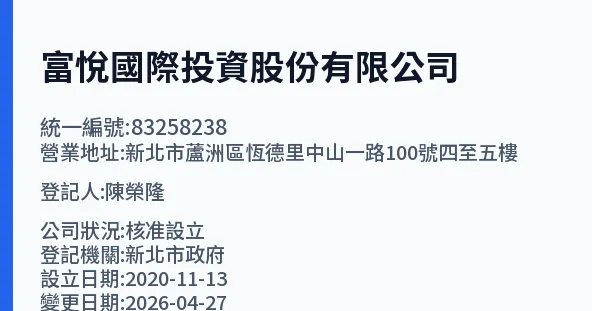 富悅國際投資股份有限公司的照片-統編 83258238(新北市) 公司登記資料與營業項目詳細圖表