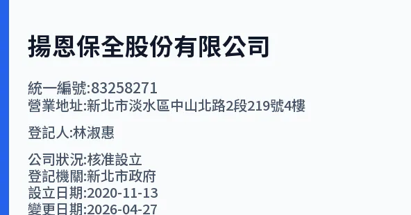 揚恩保全股份有限公司的照片-統編 83258271(新北市) 公司登記資料與營業項目詳細圖表