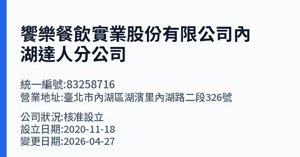 饗樂餐飲實業股份有限公司內湖達人分公司的照片-統編 83258716(臺北市) 公司登記資料與營業項目詳細圖表