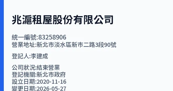 兆滬租屋股份有限公司的照片-統編 83258906(新北市) 公司登記資料與營業項目詳細圖表