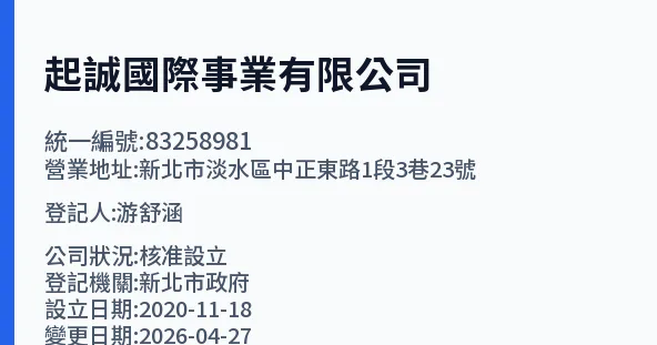 起誠國際事業有限公司的照片-統編 83258981(新北市) 公司登記資料與營業項目詳細圖表