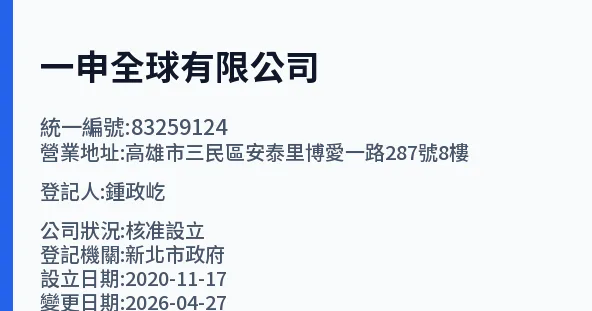 一申全球有限公司的照片-統編 83259124(高雄市) 公司登記資料與營業項目詳細圖表