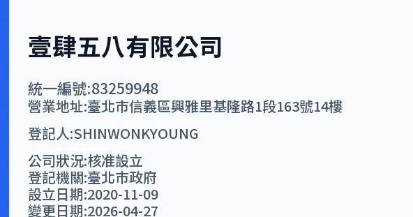 壹肆五八有限公司的照片-統編 83259948(臺北市) 公司登記資料與營業項目詳細圖表