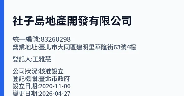 社子島地產開發有限公司的照片-統編 83260298(臺北市) 公司登記資料與營業項目詳細圖表