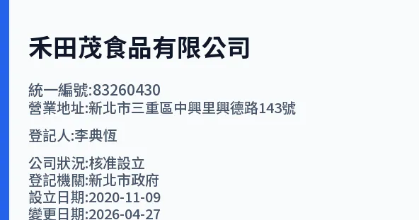禾田茂食品有限公司的照片-統編 83260430(新北市) 公司登記資料與營業項目詳細圖表