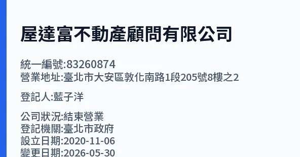 屋達富不動產顧問有限公司的照片-統編 83260874(臺北市) 公司登記資料與營業項目詳細圖表