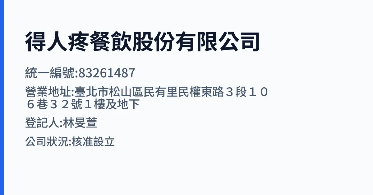 得人疼餐飲股份有限公司 - 統編 83261487(臺北市) 公司登記資料與營業項目詳細圖表