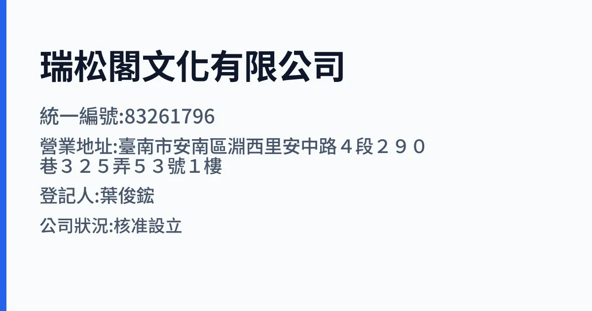瑞松閣文化有限公司 - 統編 83261796(臺南市) 公司登記資料與營業項目詳細圖表