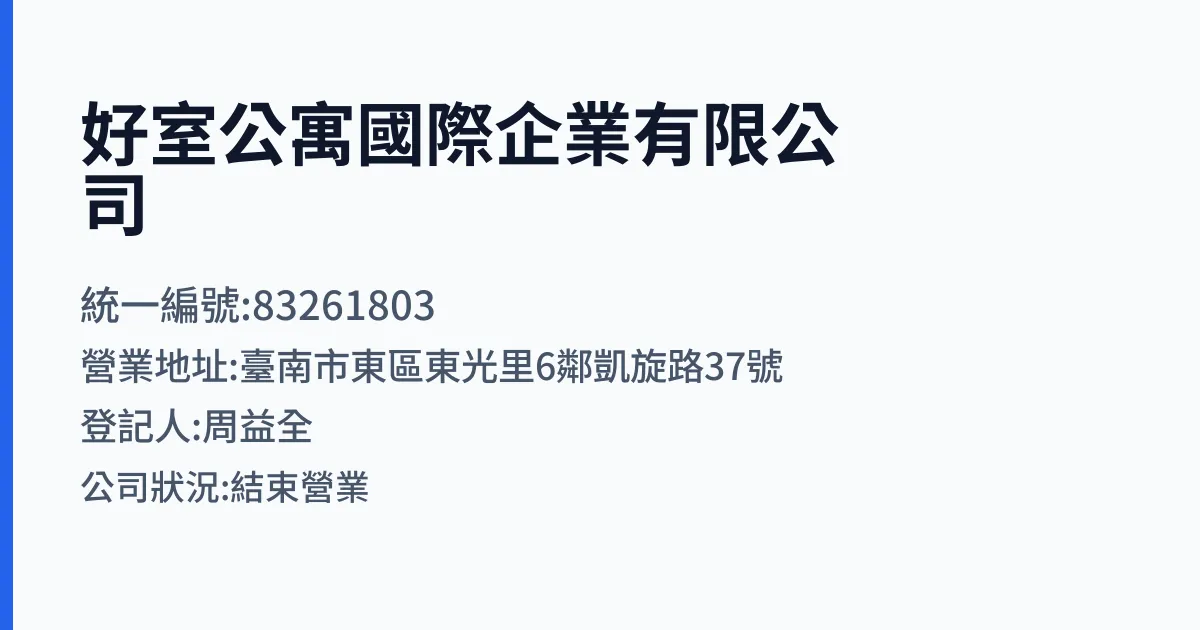 好室公寓國際企業有限公司 - 統編 83261803(臺南市) 公司登記資料與營業項目詳細圖表