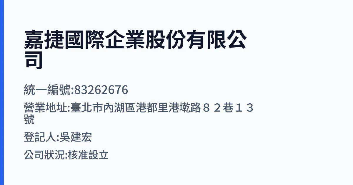 嘉捷國際企業股份有限公司 - 統編 83262676(臺北市) 公司登記資料與營業項目詳細圖表