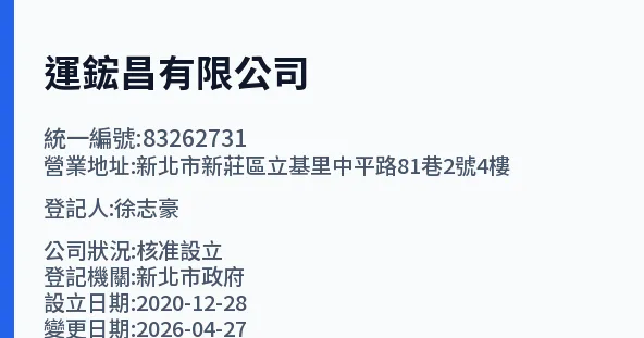 運鋐昌有限公司的照片-統編 83262731(新北市) 公司登記資料與營業項目詳細圖表