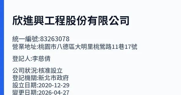 欣進興工程股份有限公司的照片-統編 83263078(桃園市) 公司登記資料與營業項目詳細圖表