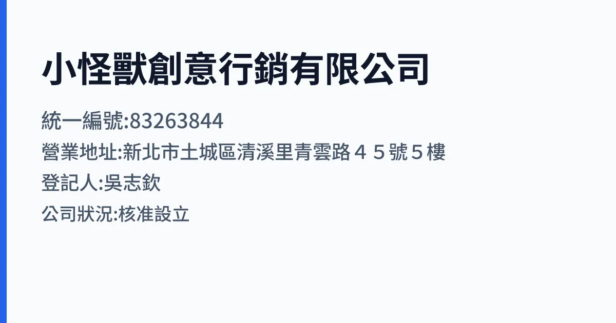 小怪獸創意行銷有限公司 - 統編 83263844(新北市) 公司登記資料與營業項目詳細圖表