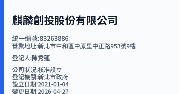 麒麟創投股份有限公司的照片-統編 83263886(新北市) 公司登記資料與營業項目詳細圖表