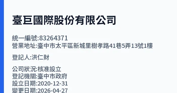 臺巨國際股份有限公司的照片-統編 83264371(臺中市) 公司登記資料與營業項目詳細圖表