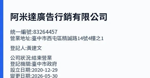 阿米達廣告行銷有限公司的照片-統編 83264457(臺中市) 公司登記資料與營業項目詳細圖表