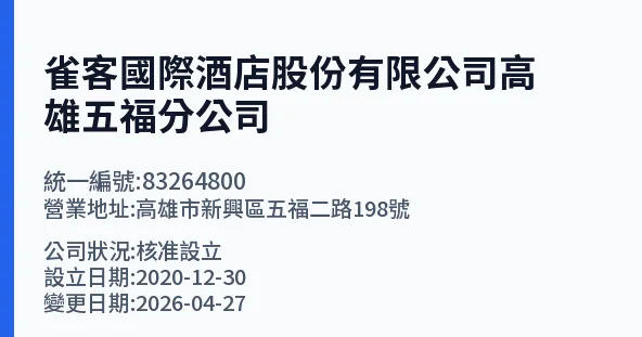 雀客國際酒店股份有限公司高雄五福分公司的照片-統編 83264800(高雄市) 公司登記資料與營業項目詳細圖表