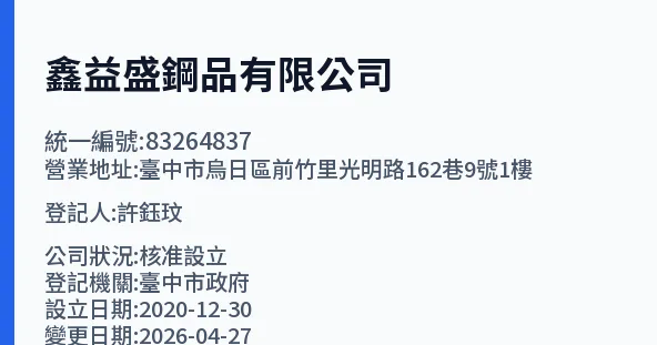 鑫益盛鋼品有限公司的照片-統編 83264837(臺中市) 公司登記資料與營業項目詳細圖表