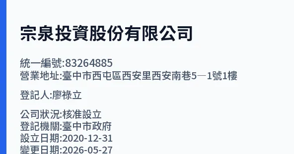 宗泉投資股份有限公司的照片-統編 83264885(臺中市) 公司登記資料與營業項目詳細圖表