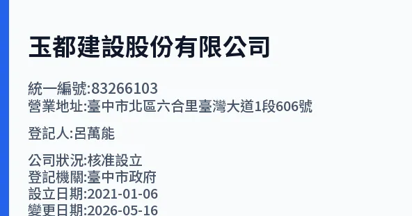 玉都建設股份有限公司的照片-統編 83266103(臺中市) 公司登記資料與營業項目詳細圖表